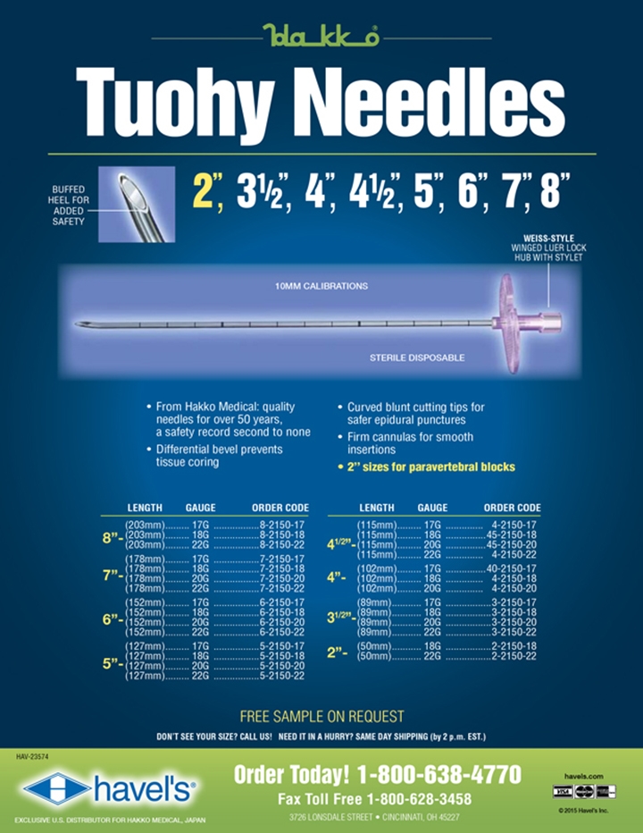 Havels eShop. TUOHY NEEDLE, N/S, 20G X 8"/DISCONTINUED